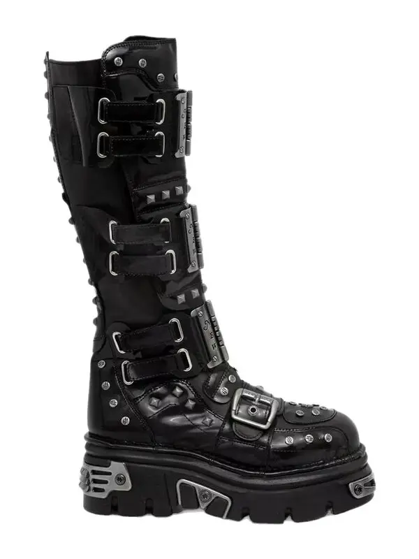 NEW ROCK Metallic Studded Buckled Boots - Black