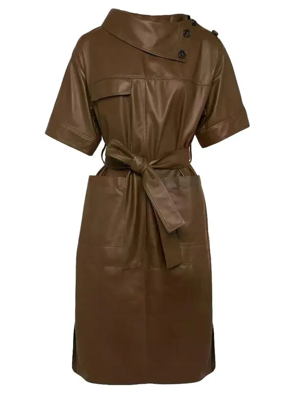 YVES SALOMON Asymmetric Belted Leather Midi Dress - Brown