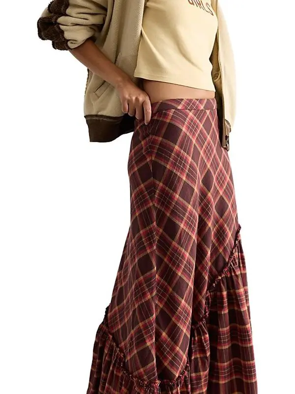 Free People Emberwood Flannel Maxi Skirt - Brown Combo