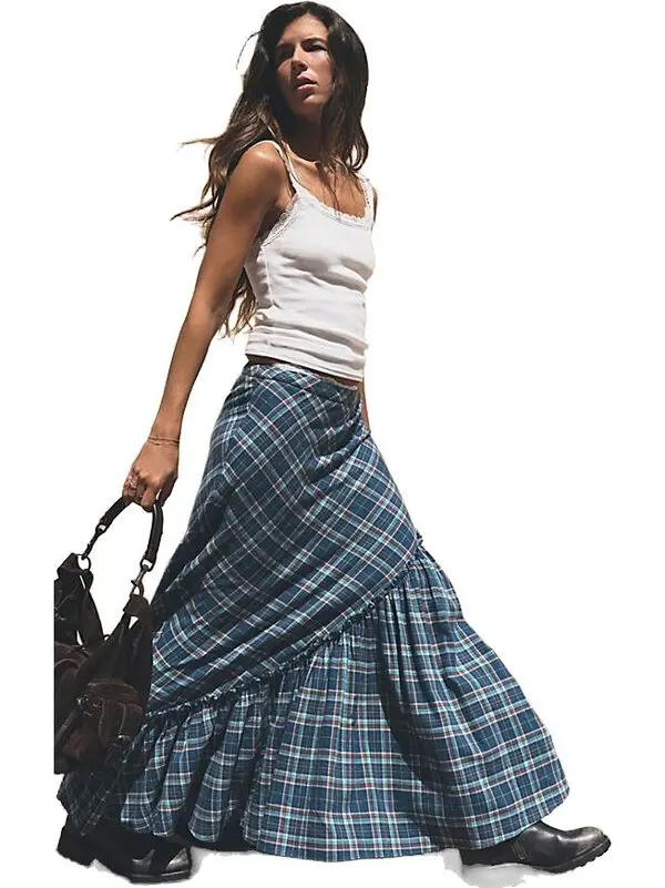 Free People Emberwood Flannel Maxi Skirt - Navy Combo