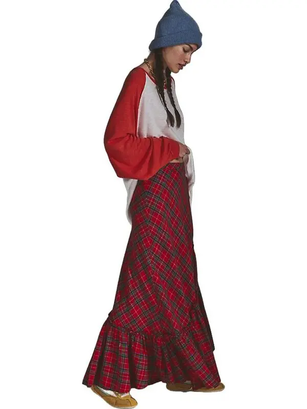 Free People Emberwood Plaid Flannel Maxi Skirt - Red Combo