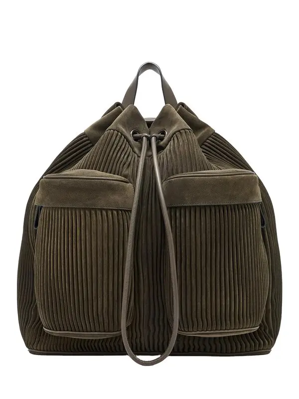Giorgio Armani Pleated Suede Leather Backpack With Pockets And Drawstring - Green