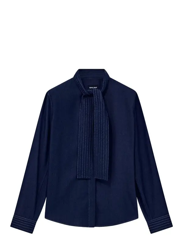 Giorgio Armani Shirt In Denim Effect Lyocell With Neck Scarf - Blue