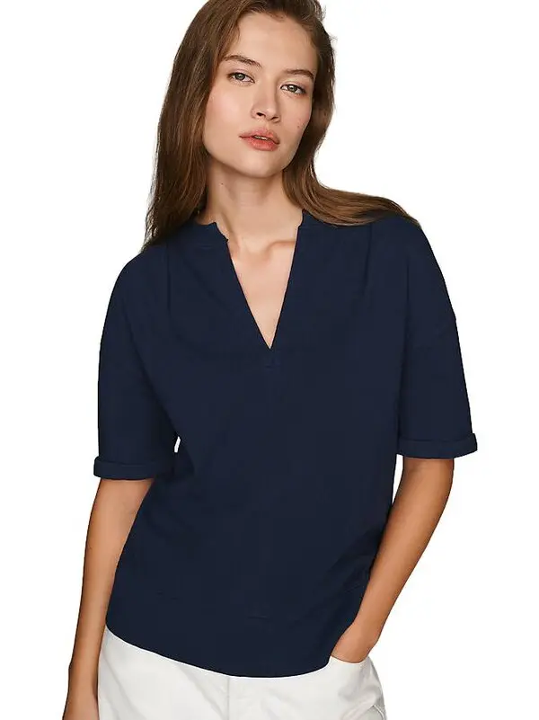 Wilt 100% Cotton V-neck Top With Rolled Cuffs - Navy