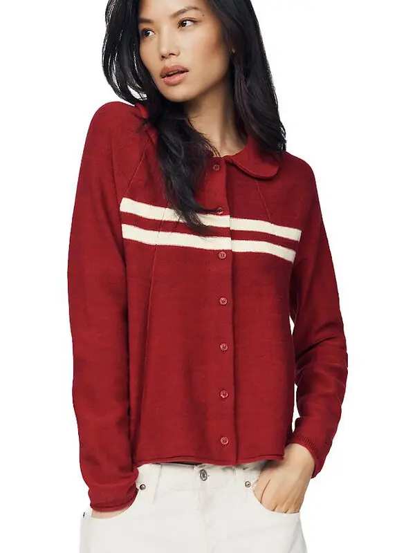 Maeve Collared Cardigan With Contrast Stripes - Red Stripe