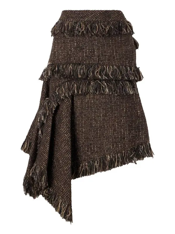 Sacai Fringed Wool-blend Tweed Midi Skirt - Brown