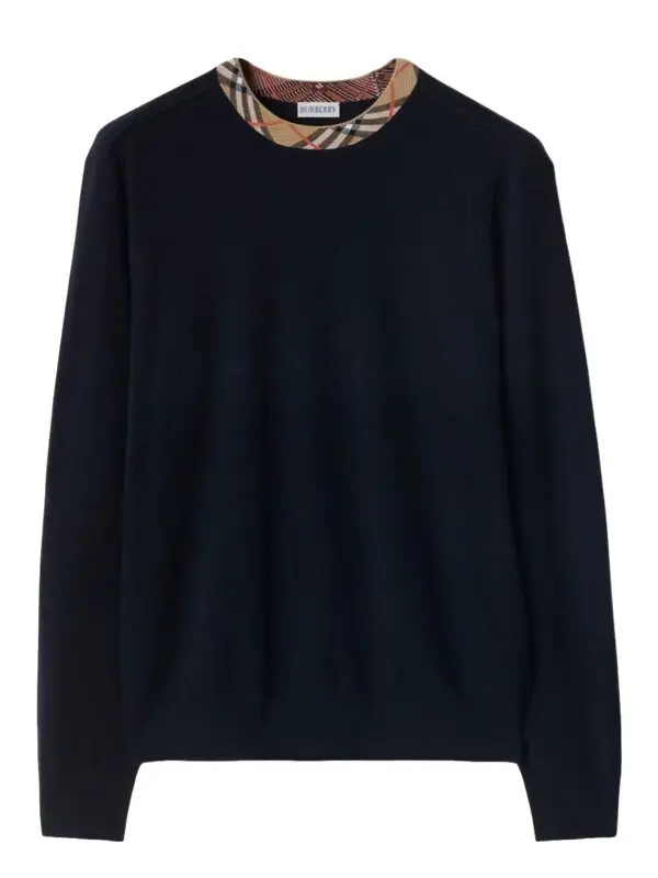 Burberry Checked-trim Ribbed-knit Jumper - Navy