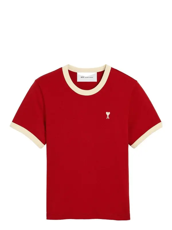 AMI Paris De Coeur Embroidered Crewneck T-shirt - Ruby Red/ivory White