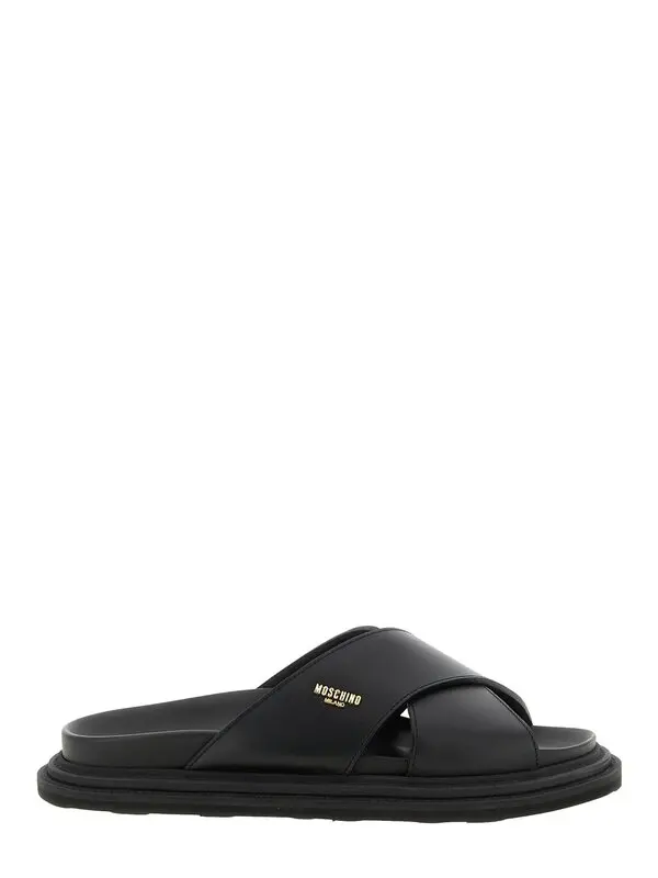 Moschino Leather Sabots With Logo Detail - Black