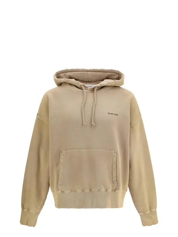 GOLDEN GOOSE Logo Printed Drawstring Distressed Hoodie - Nude