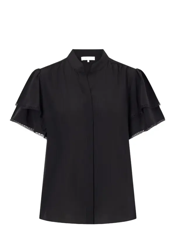 FRAME Flutter Sleeve Lace Trimmed Satin Blouse - Black