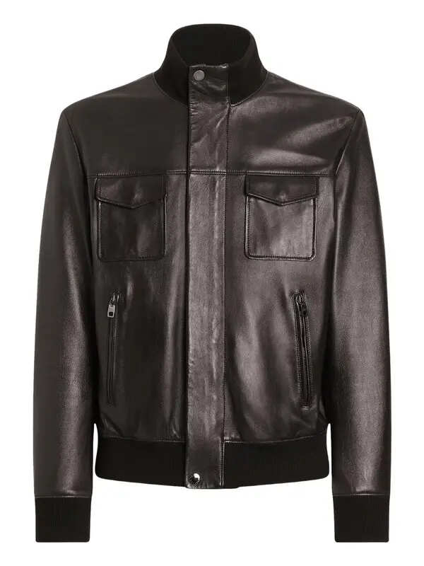 Dolce & Gabbana Leather Bomber Jacket With Zip Closure - Black