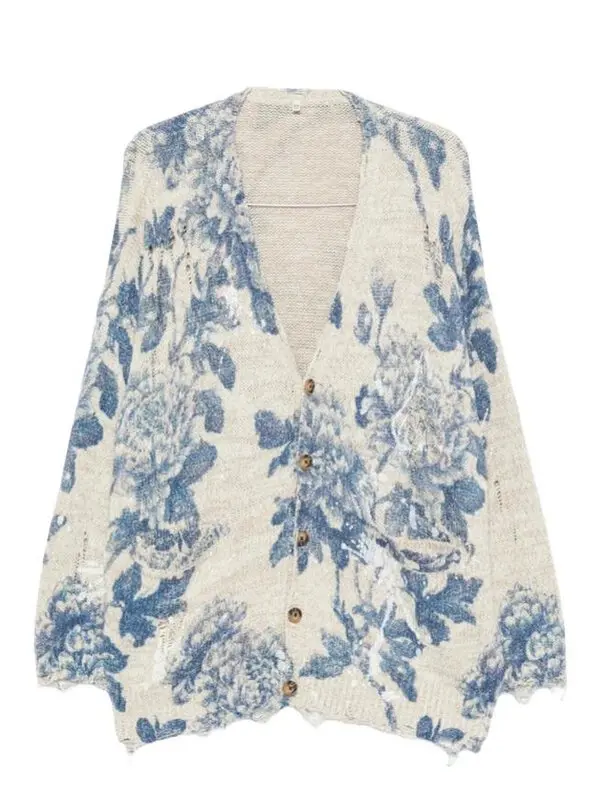 R13 Floral Print Distressed V-neck Cardigan - Blue