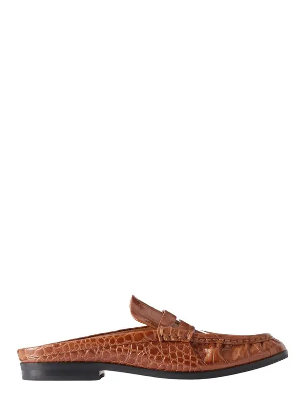 Simkhai Glossy Crocodile Embossed Leather Backless Penny Loafer Slide Mules - Brown