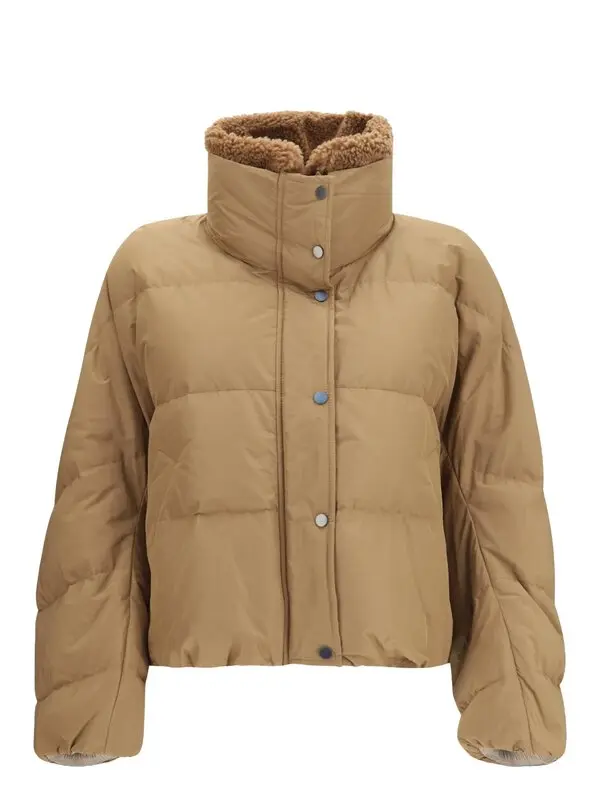 Brunello Cucinelli Techno Cotton Taffeta Down Jacket With Detachable Shearling And Monili - Beige