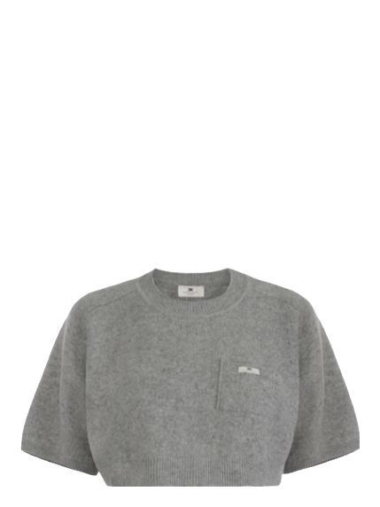 Elisabetta Franchi Cropped Wool And Cashmere Top With Chest Pocket - Light Gray