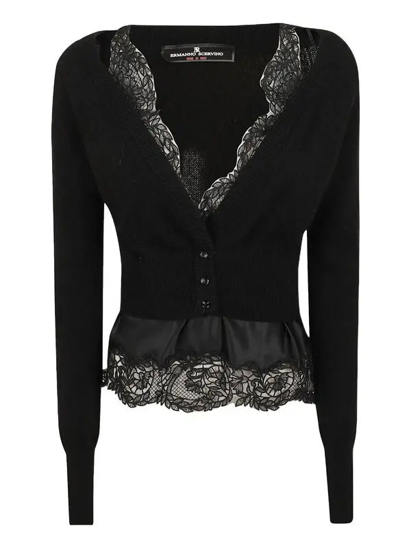 Ermanno Scervino Long Sleeve Lace Trim Cardigan - Black