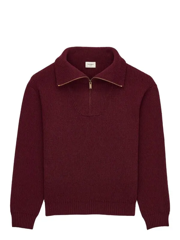 Saint Laurent Rib-knit Wool Half-zip Sweater With Stand Collar - Bordeaux