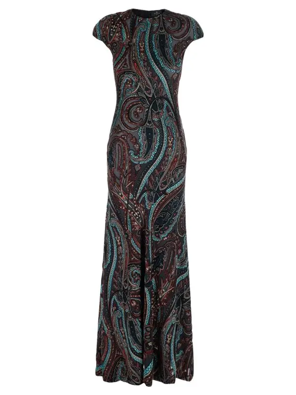 Etro Long Dress With V-neck And Motif - Multicolor