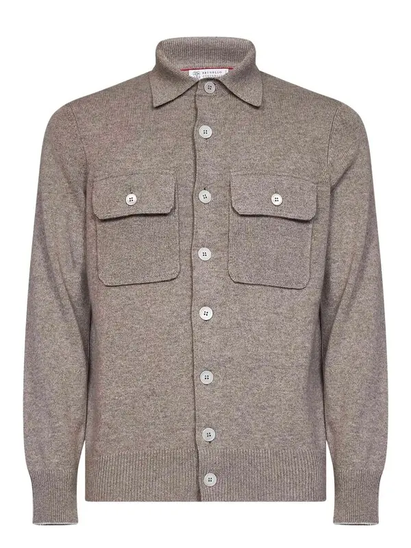 Brunello Cucinelli Long Sleeve Ribbed Knit Top With Collar And Button Closure - Gray