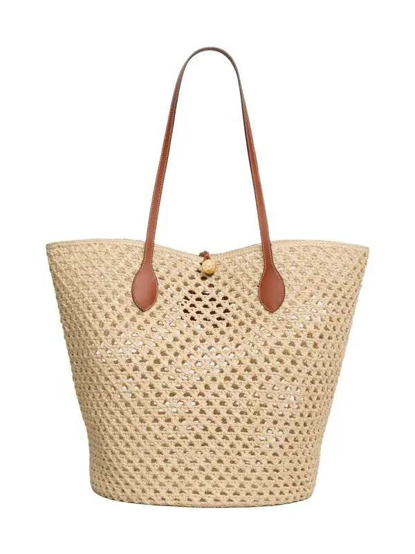 Celine Bucket Triomphe Beads Basket In Raffia And Calfskin - Tan