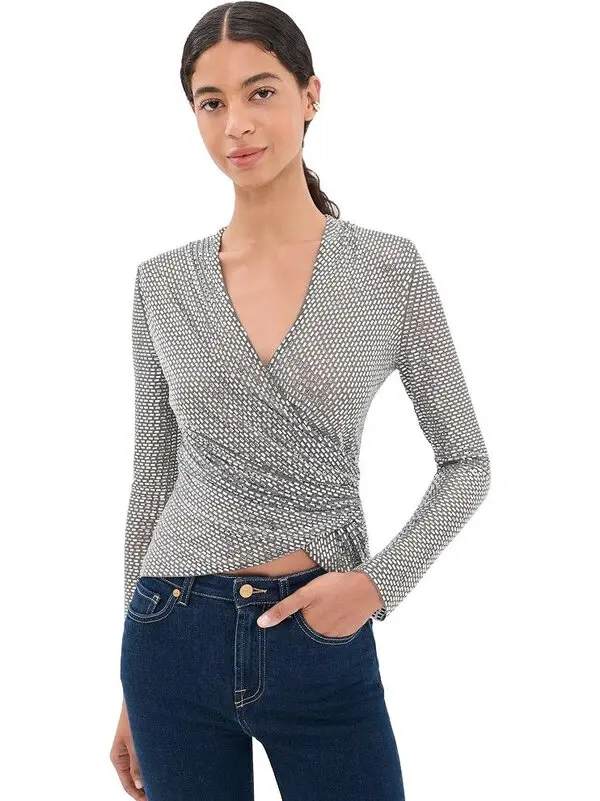 SELF-PORTRAIT Rhinestone Mesh Wrap Top - Grey