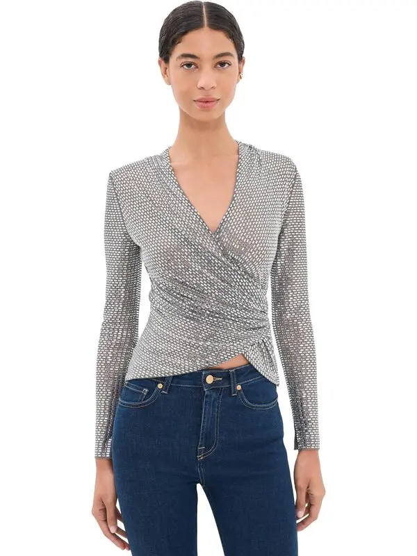 SELF-PORTRAIT Rhinestone Mesh Wrap Top - Grey