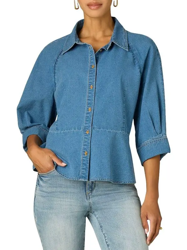 Wit & Wisdom Peplum Denim Shirt With Raglan Sleeves - Mid Blue