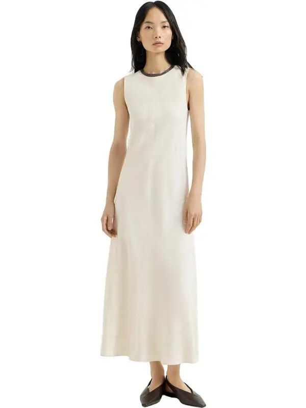 Brunello Cucinelli Viscose And Linen Fluid Twill Dress With Precious Collar - Milk