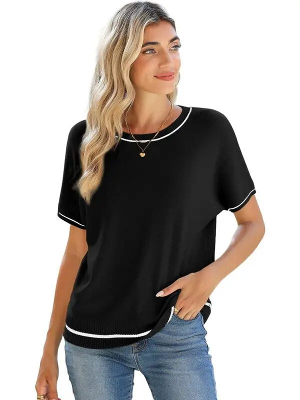 ZILPU Lightweight Soft Knit Crewneck Top With Contrast Trim - Black
