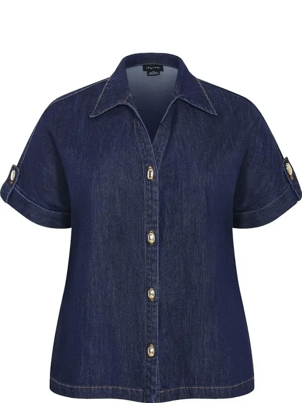 City Chic Tilly Cotton Denim Shirt - Dark Denim
