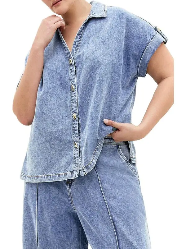City Chic Cotton Denim Shirt - Light Denim