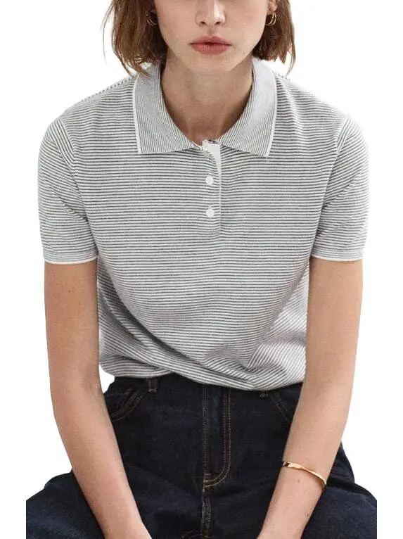 Mango Striped Cotton Polo Sweater - Navy