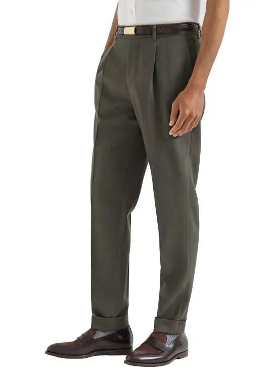Brunello Cucinelli Virgin Wool Canvas Pleated Trousers - Forest
