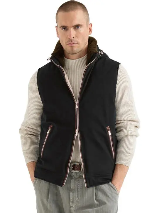 Brunello Cucinelli Bonded Wool Flannel Hooded Down Vest With Detachable Shearling Insert - Black