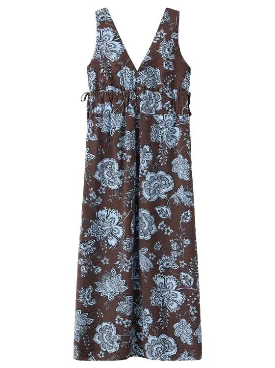 Mango Shirred Floral Sleeveless Maxi Dress - Chocolate