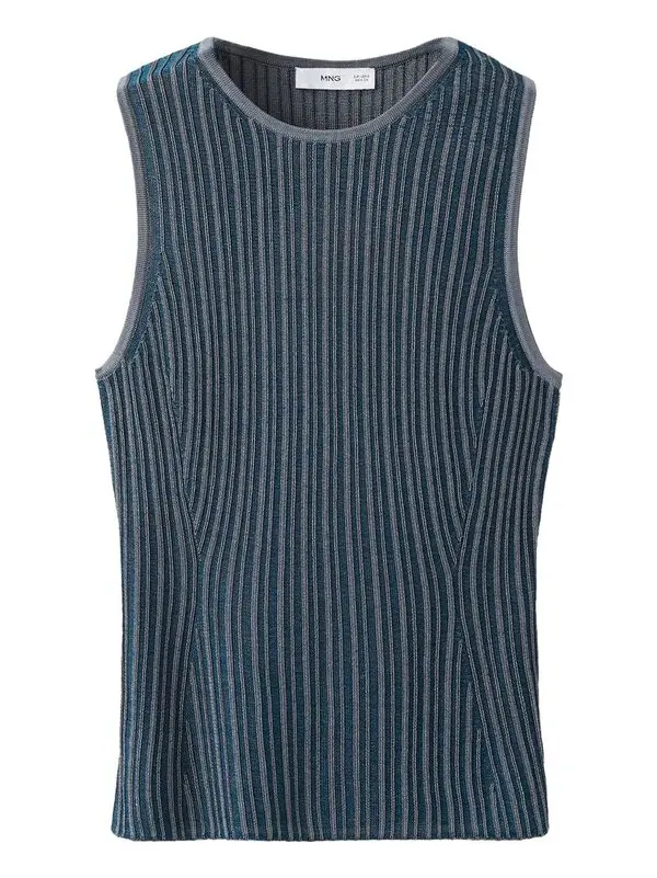 Mango Ribbed Open Back Jewel Neck Sleeveless Top - Dark Blue