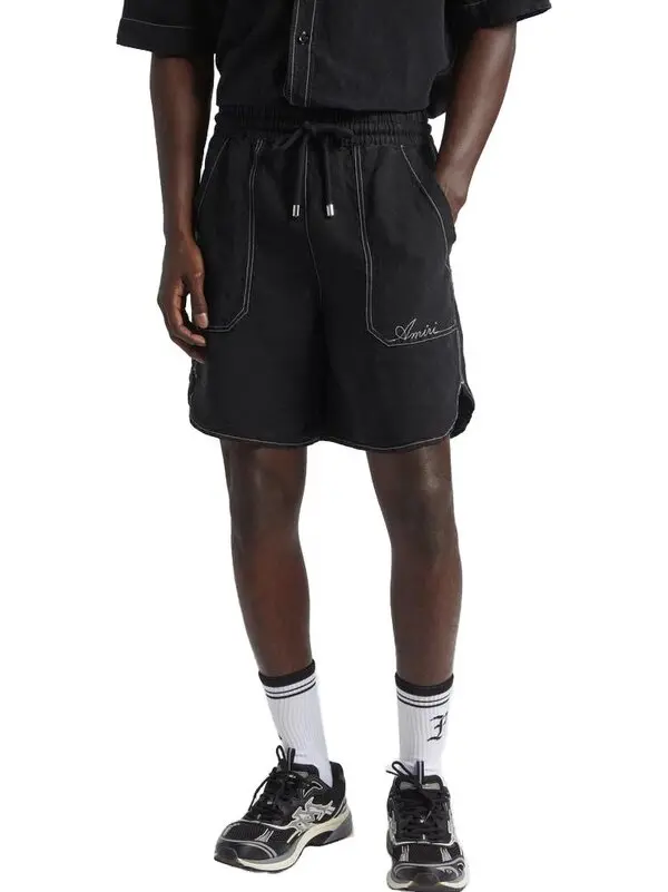 Amiri Script Logo Garment Dyed Linen Blend Shorts - Black