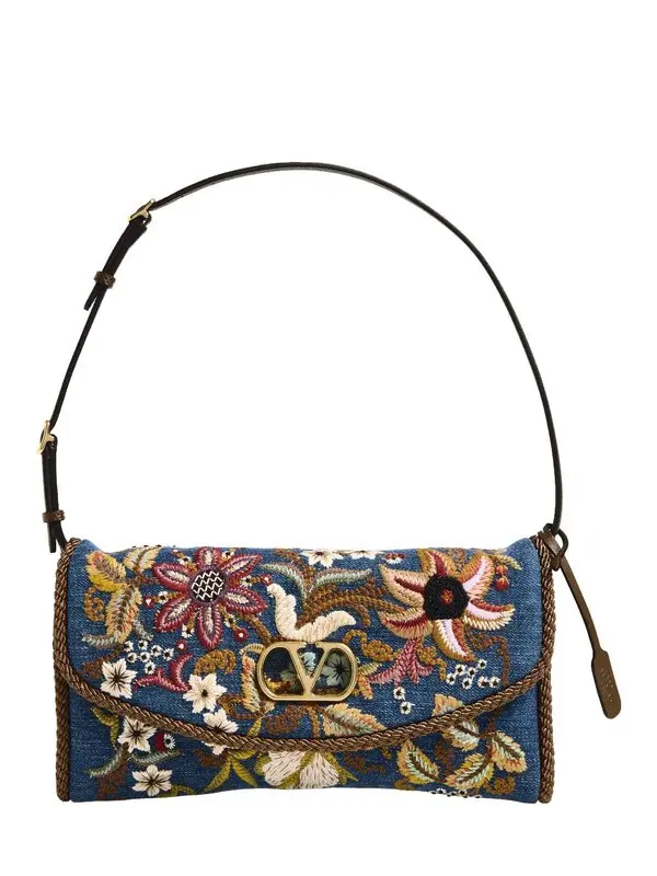 Valentino Garavani Small Devain Embroidered Denim Shoulder Bag - Blue Multi