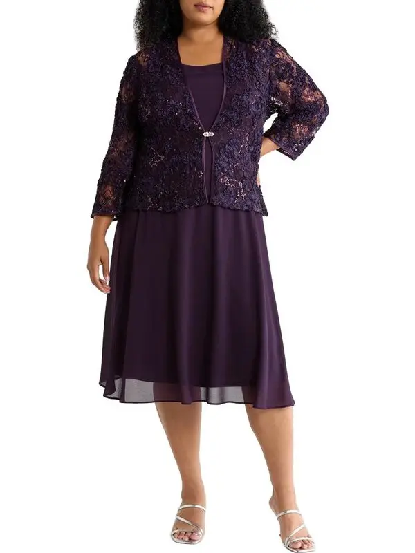 JESSICA HOWARD Sequin Lace Jacket & Sleeveless Dress Set - Plum