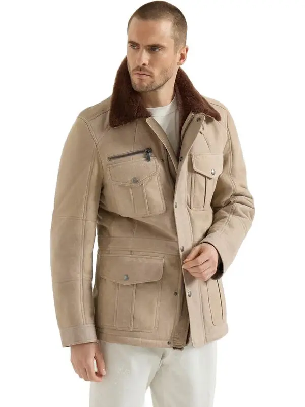 Brunello Cucinelli Waxed Shearling Safari Jacket - White