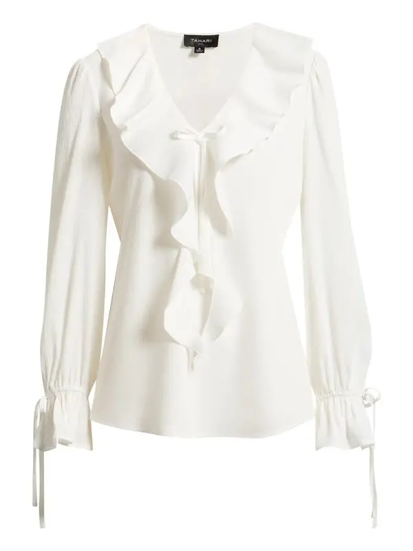 TAHARI ASL Ruffle V-neck Shirt - Ivory