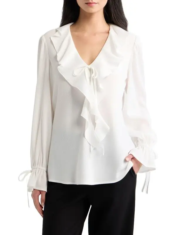 TAHARI ASL Ruffle V-neck Shirt - Ivory