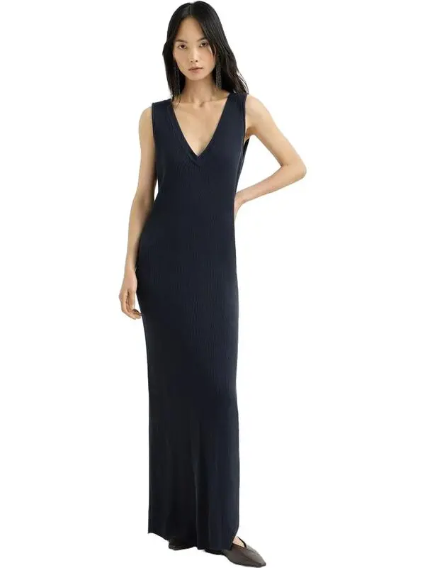 Brunello Cucinelli Cotton Rib Knit Maxi Dress With Embellished Strap - Blue