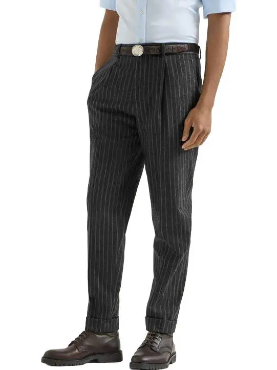 Brunello Cucinelli Virgin Wool And Cashmere Chalk Stripe Pleated Trousers - Anthracite