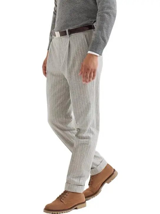 Brunello Cucinelli Virgin Wool And Cashmere Chalk Stripe Pleated Trousers - Light Grey