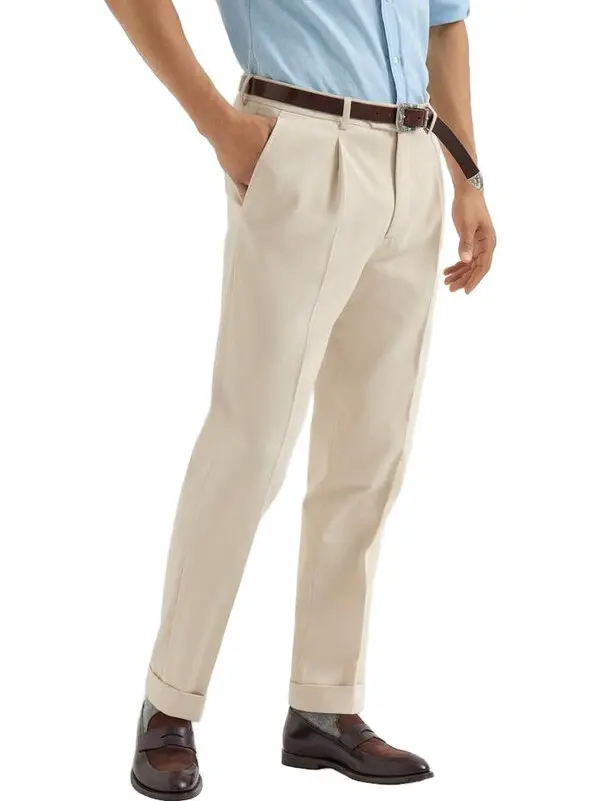Brunello Cucinelli Cotton And Virgin Wool Gabardine Trousers With Pleat - Ivory