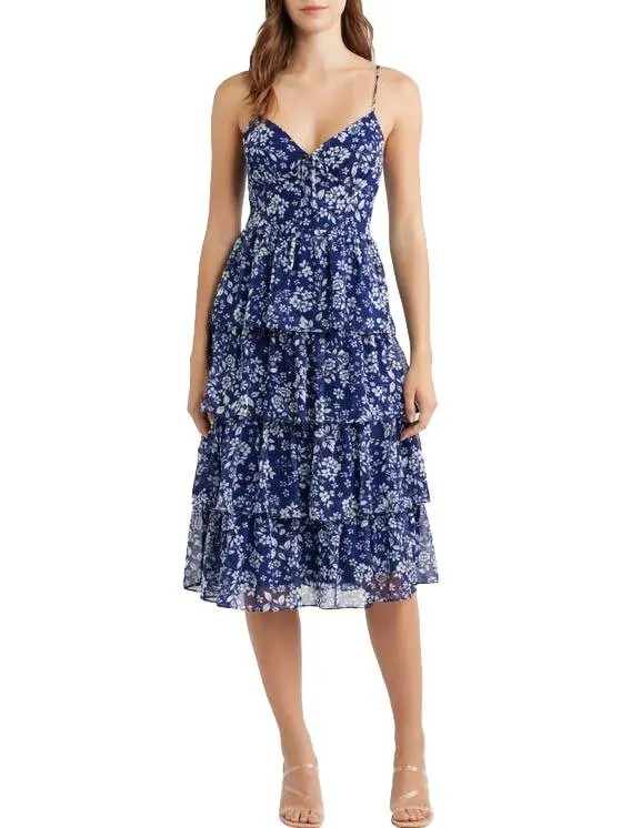 EMERALD SUNDAE Floral Tiered Midi Dress - Navy