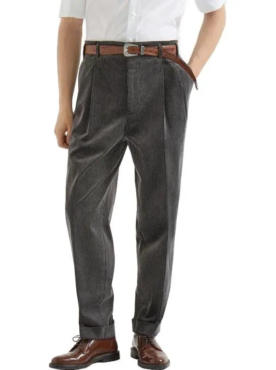 Brunello Cucinelli Frosted Cotton Corduroy Double Pleat Trousers - Grey