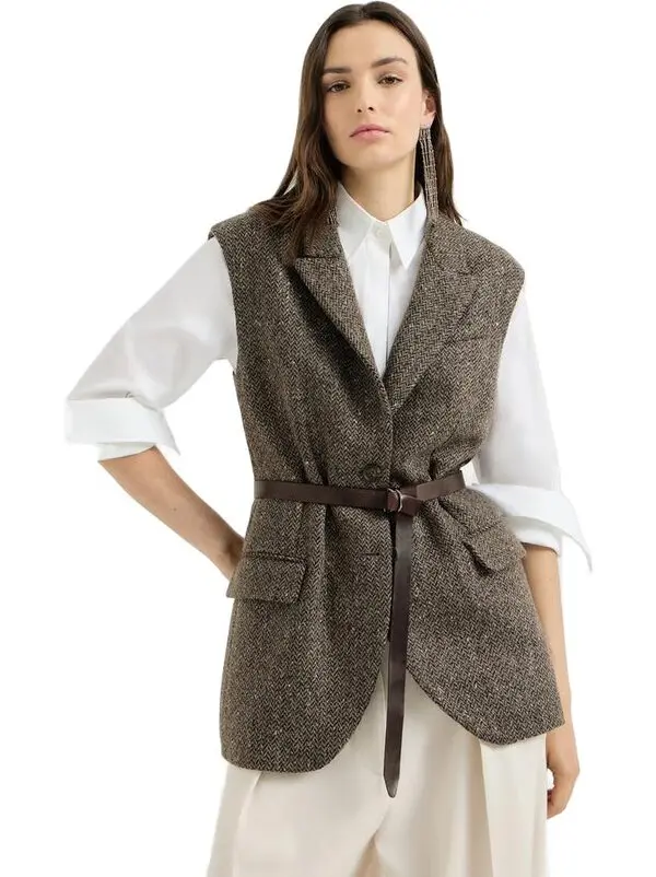 Brunello Cucinelli Sparkling Virgin Wool Chevron Vest With Leather Belt And Monili - Pine Cone Brown